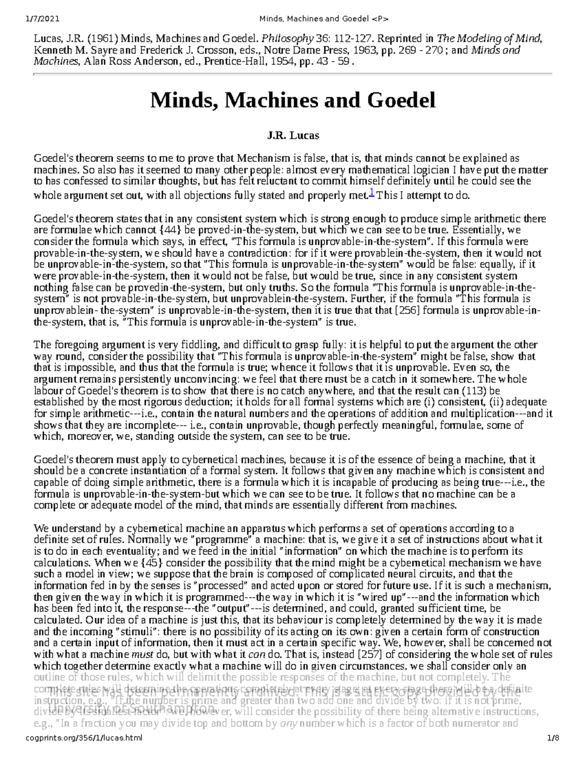 Minds, Machines and Goedel P - Lucas, J. (1961) Minds, Machines and ...