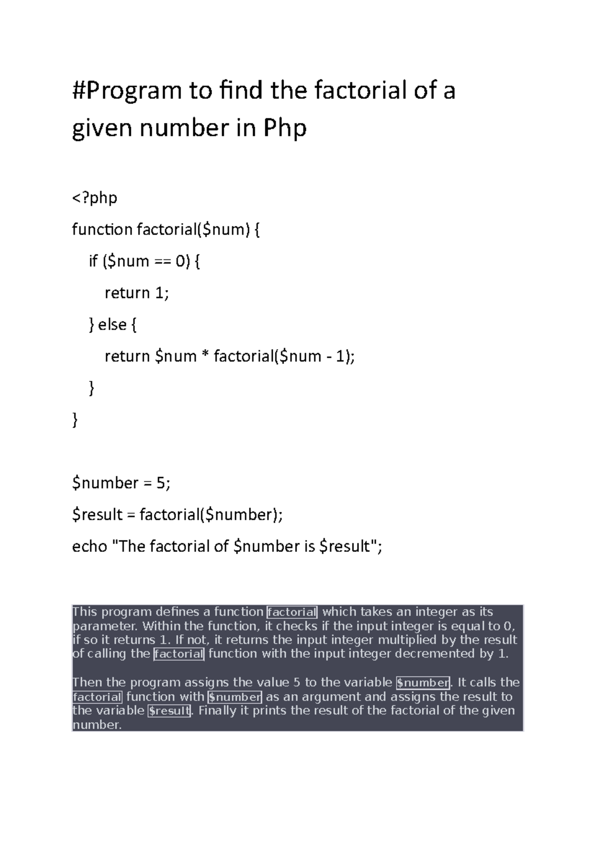 Factorial Php Program To Find The Factorial Of A Given Number In Php