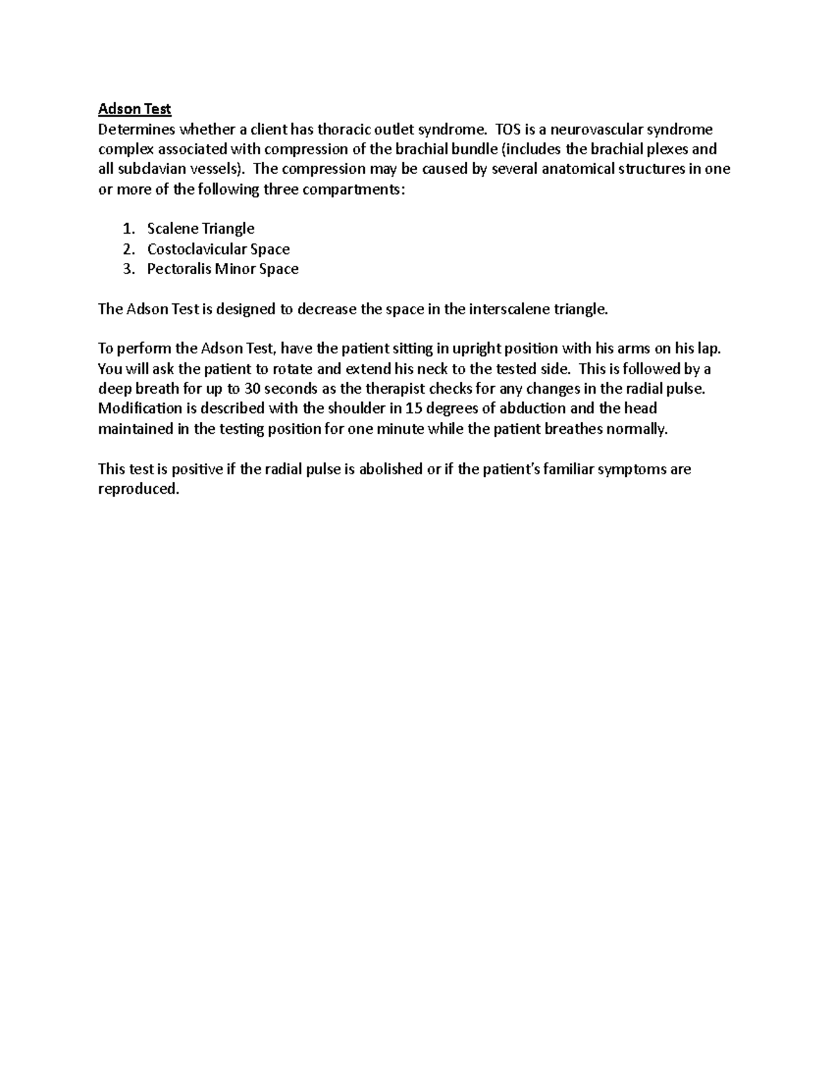 Adson Test - Adson Test Determines whether a client has thoracic outlet ...