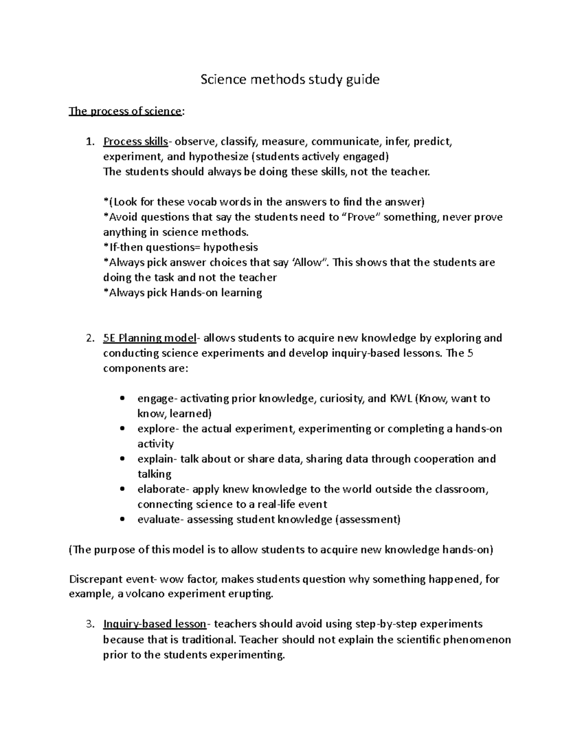 Science methods study guide - *(Look for these vocab words in the ...