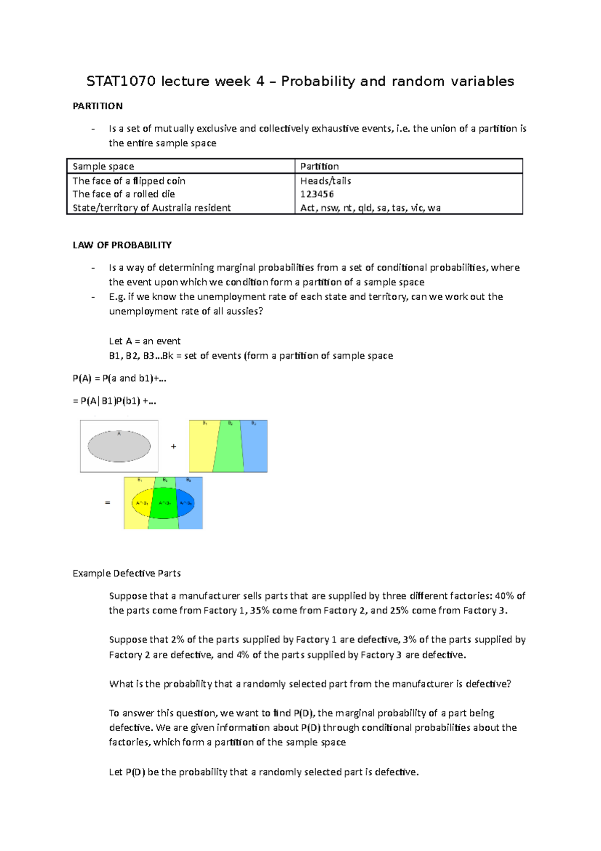 Stat1070 w4 - week 4 - STAT1070 lecture week 4 – Probability and random variables PARTITION Is a ...