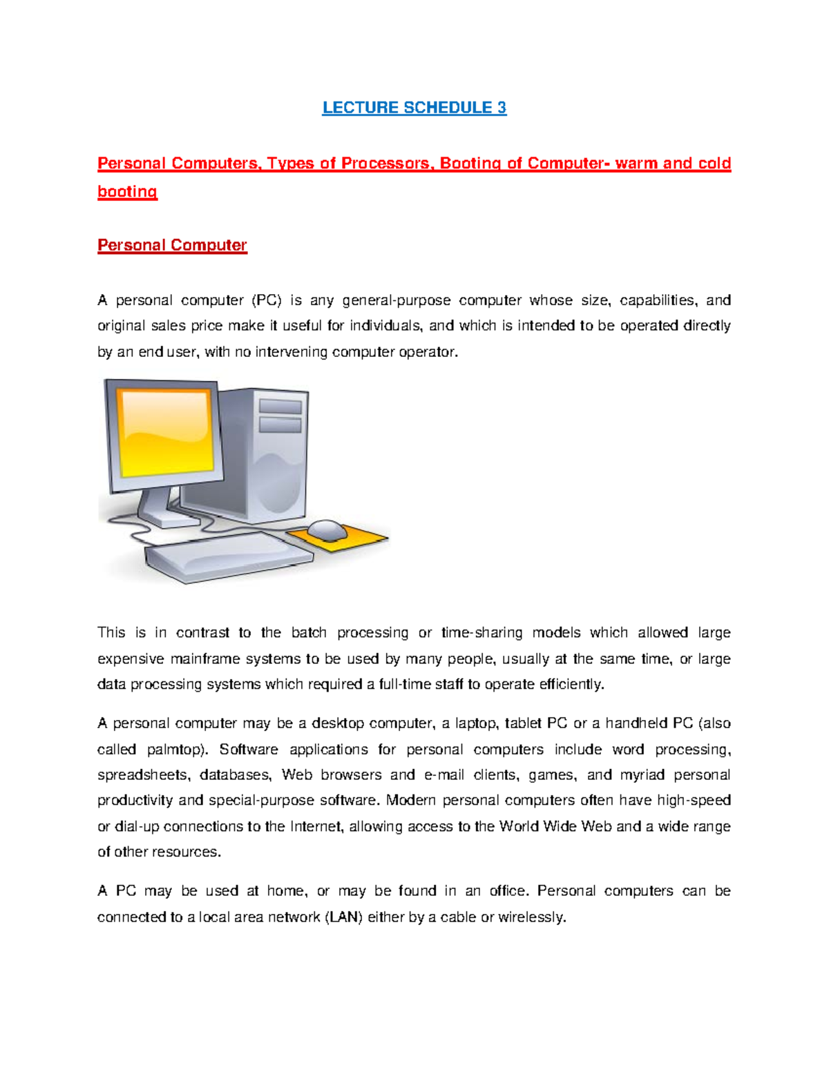 Lec03 Personal Computers, Types of Processors, Booting of Computer- warm and cold booting ...