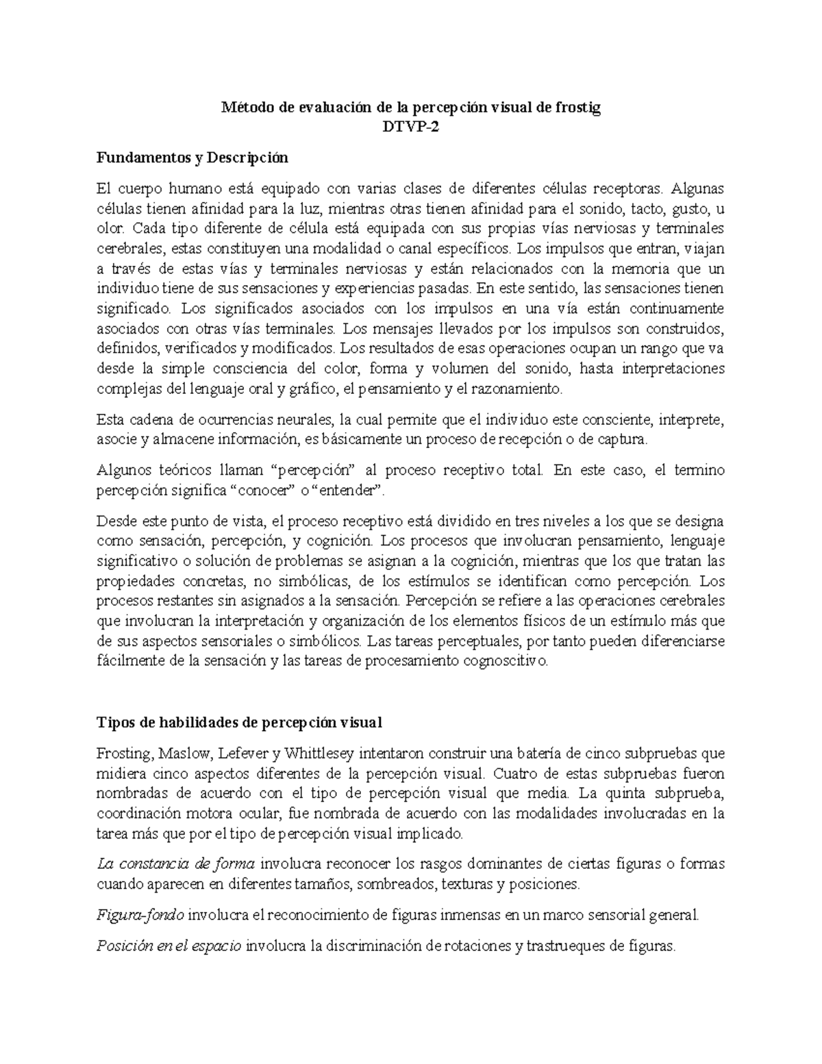 Resumen Frostig - Método de evaluación de la percepción visual de ...