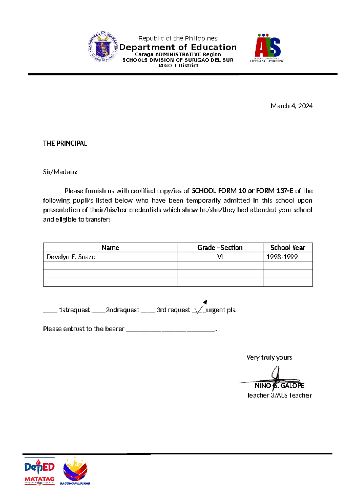 Request form 137-SF10 - Republic of the Philippines Department of ...