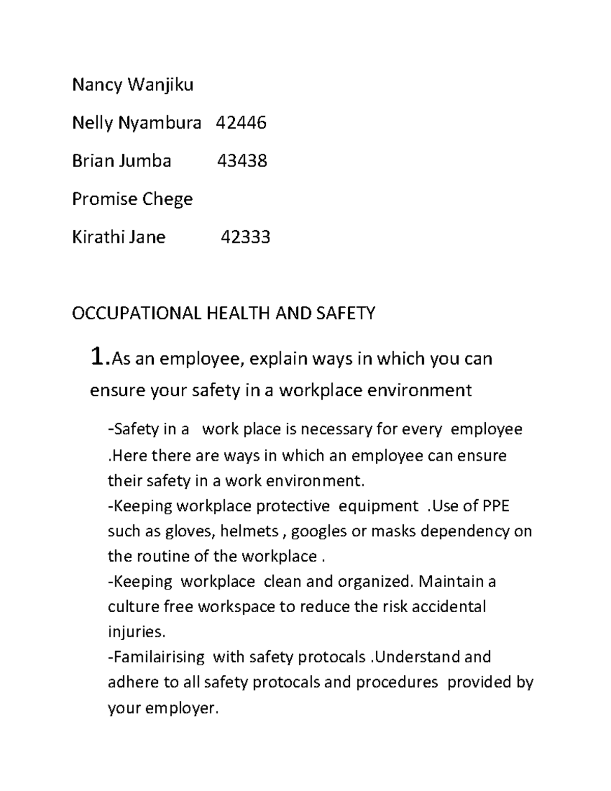 OSHA assignment 2 - Nancy Wanjiku Nelly Nyambura 42446 Brian Jumba ...