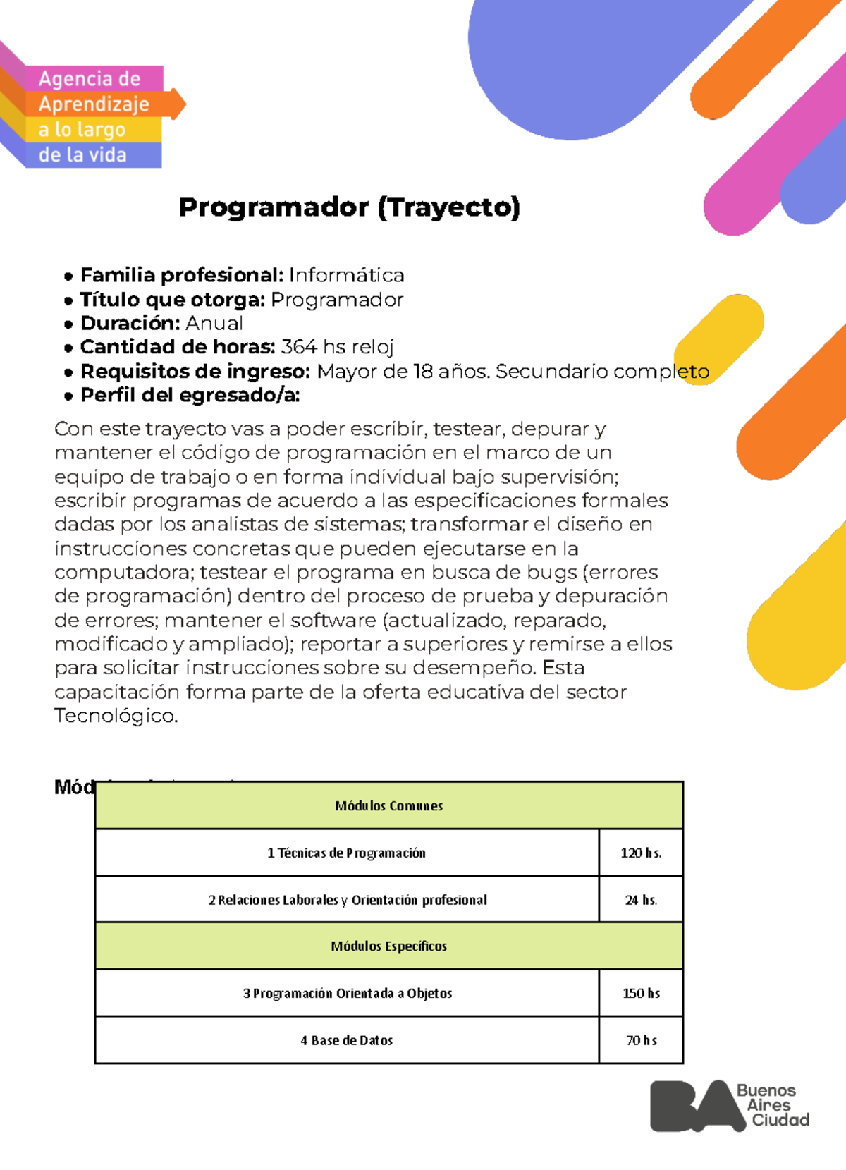 Programador. PLAN DE ESTUDIO - Programador (Trayecto) Familia profesional: Informática Título ...