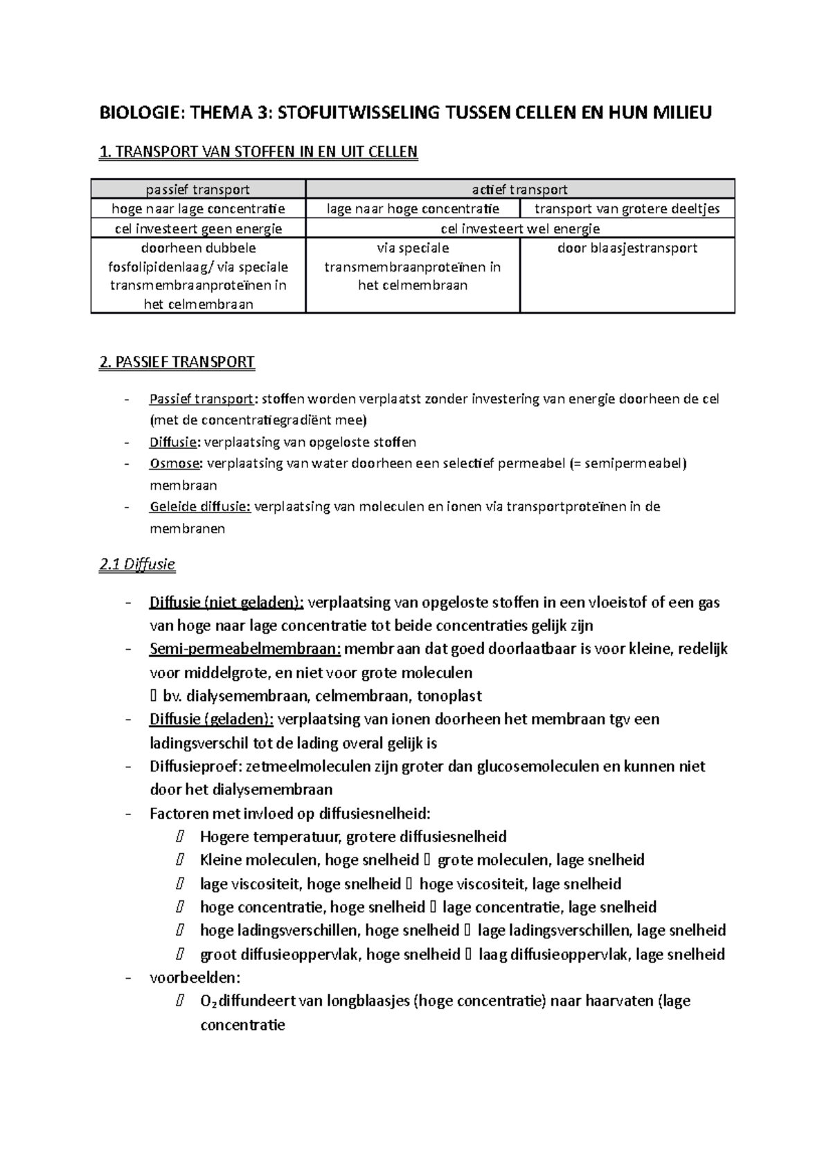 Thema 3: STOFUITWISSELING TUSSEN CELLEN EN HUN MILIEU - TRANSPORT VAN ...