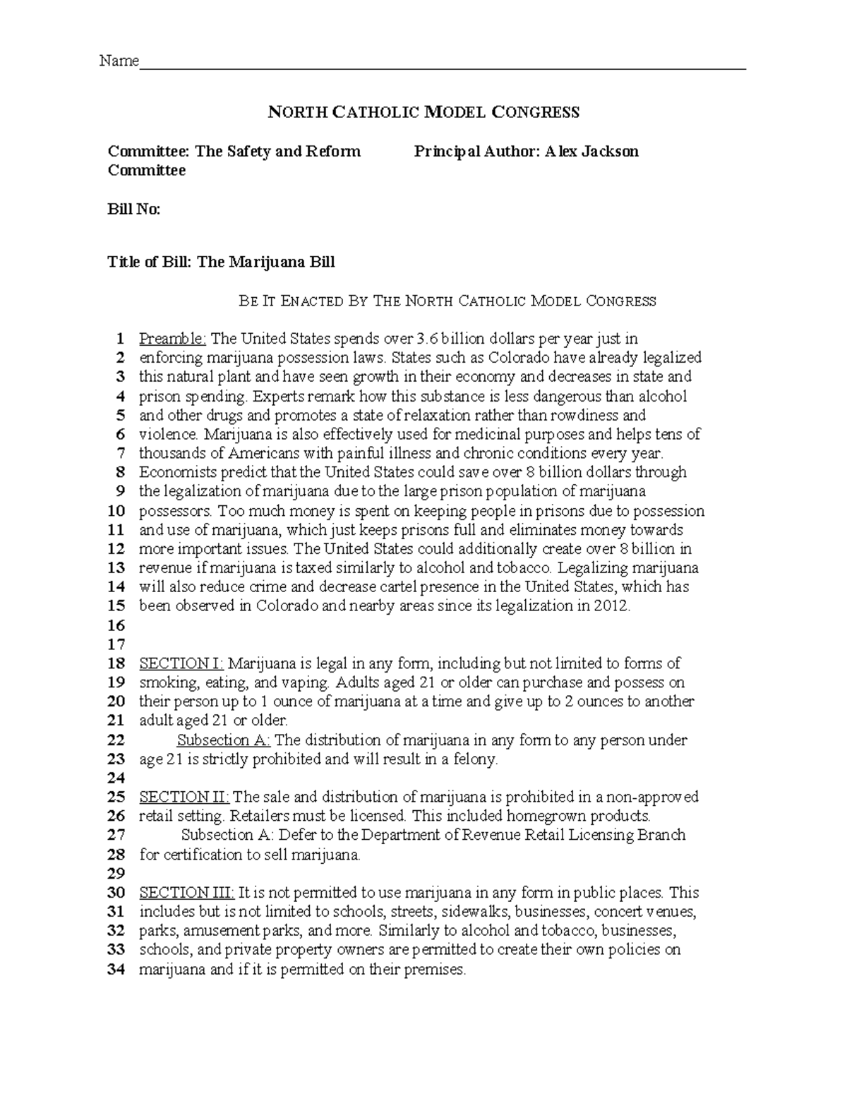 Mock+Congress+Bill+Format - NORTH CATHOLIC MODEL CONGRESS Committee ...