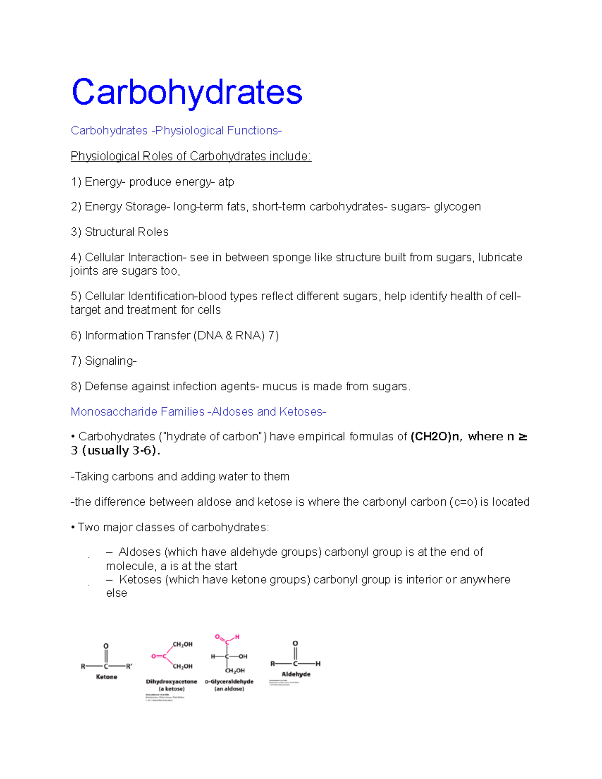 BMSC 200 Notes - Carbohydrates Carbohydrates -Physiological Functions ...