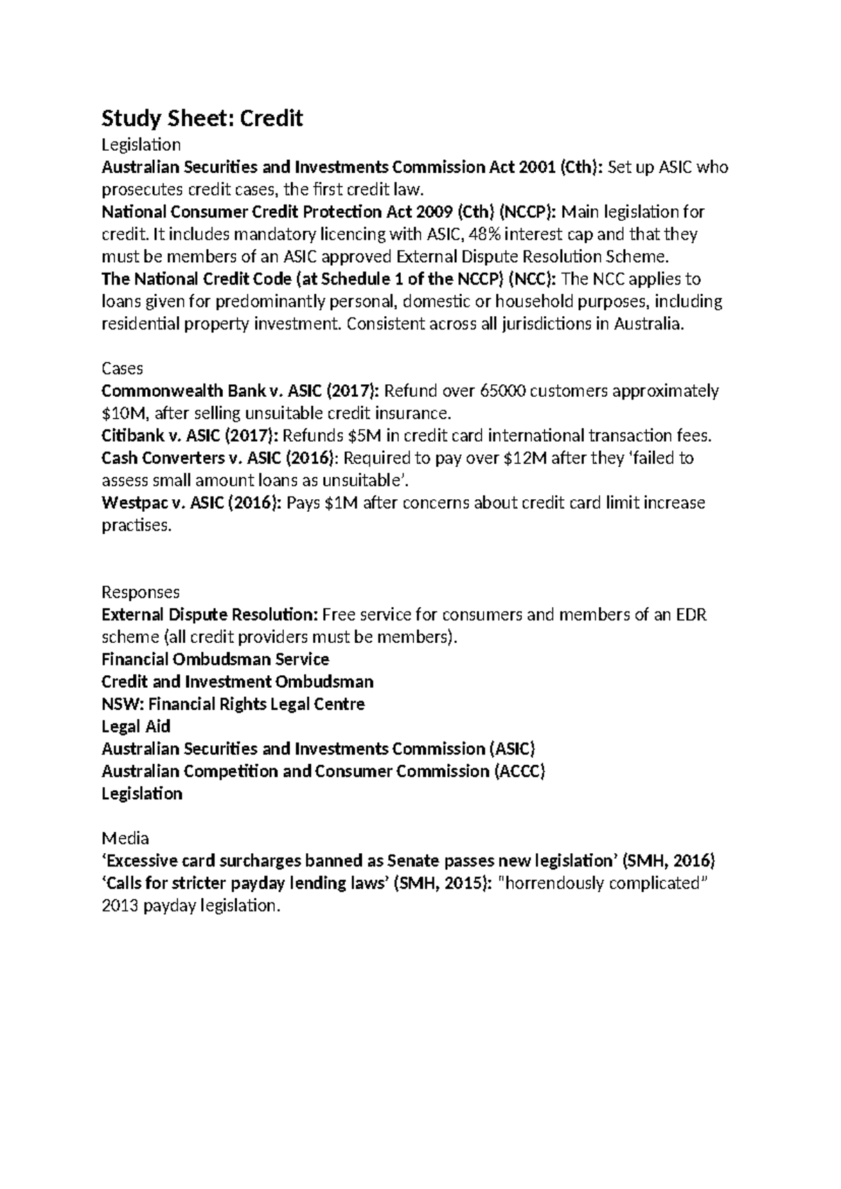 Consumer Study sheets - Study Sheet: Credit Legislation Australian ...