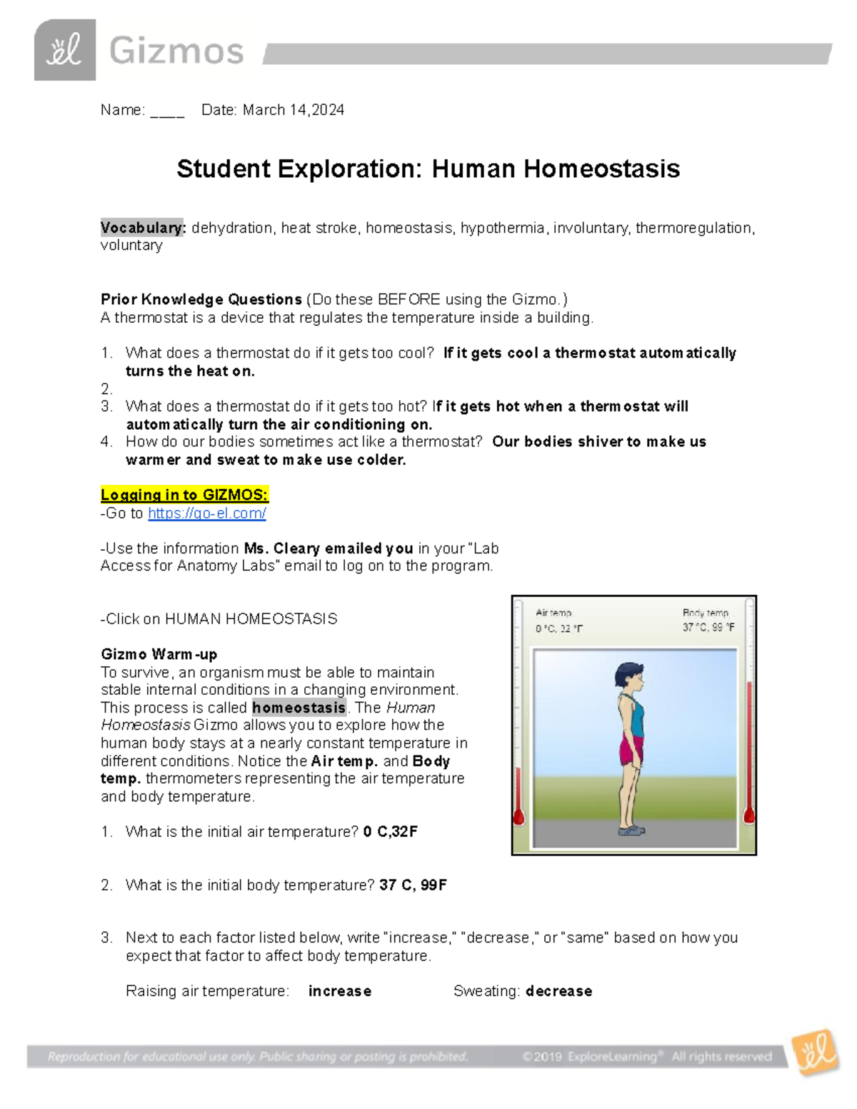 Human Homeostasis - anatomy - Name: ____ Date: March 14, Student ...