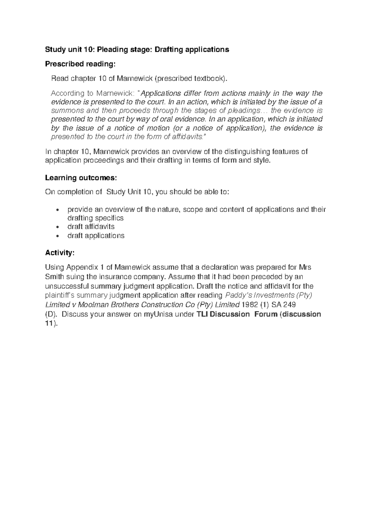 Study unit 10 - Pleading stage - Drafting applications - Study unit 10 ...