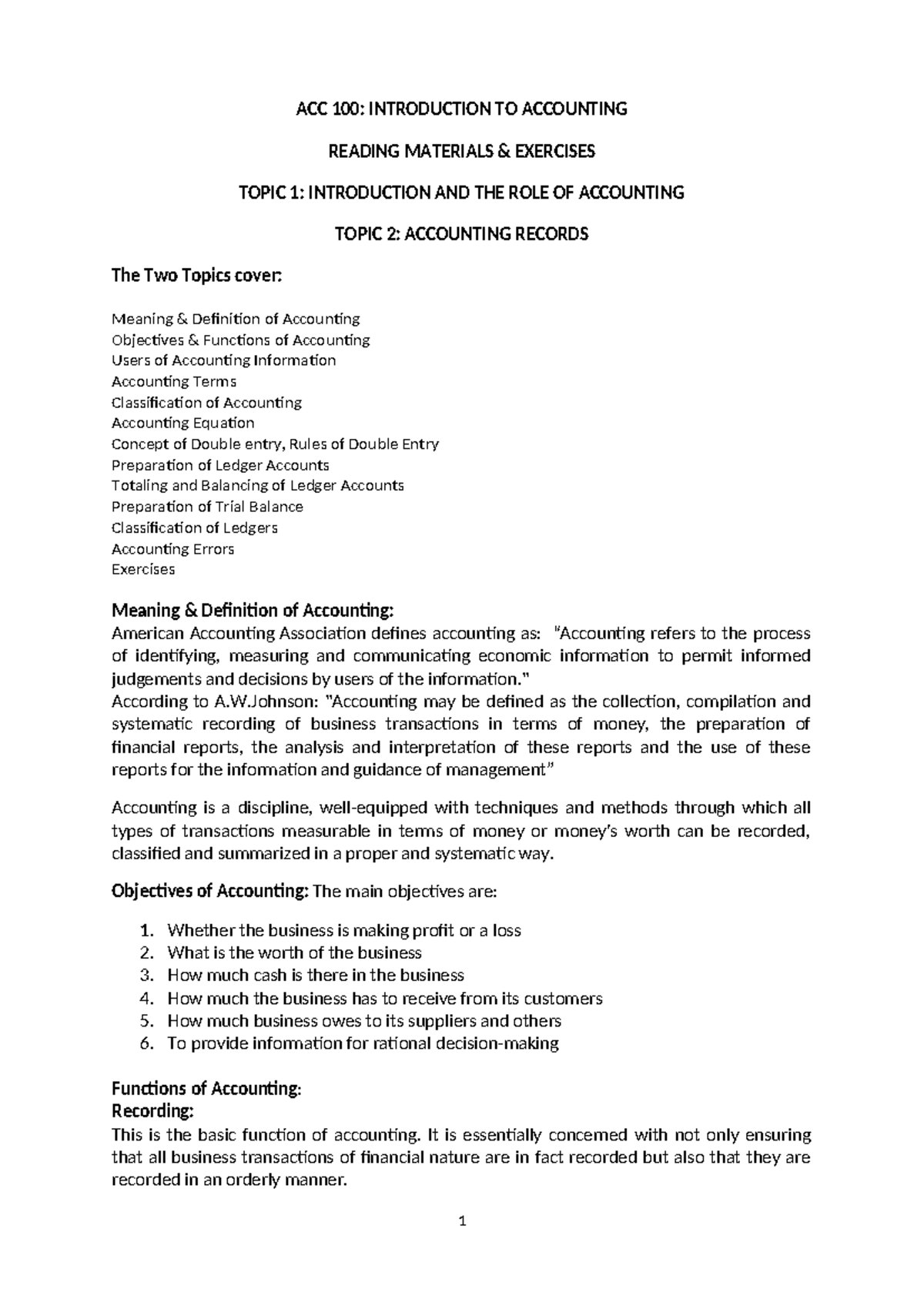 ACC 100 Topics 1 2 Reading Materials AND Exercises - ACC 100 ...