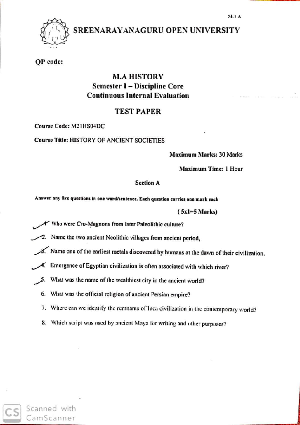 Ancient Indian History Class Test Question paper - cs QP code ...
