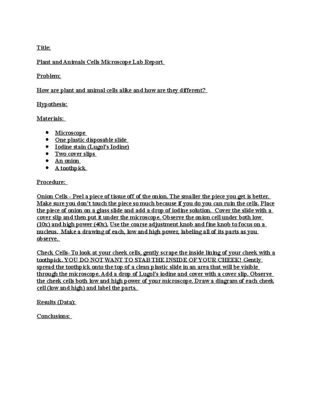 Lab Report Template-1 - biology cells - Title: Plant and Animals Cells ...