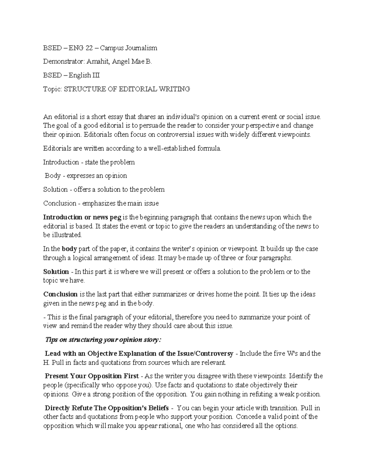 Amahit Structure-OF- Editorial- Writing - BSED – ENG 22 – Campus ...