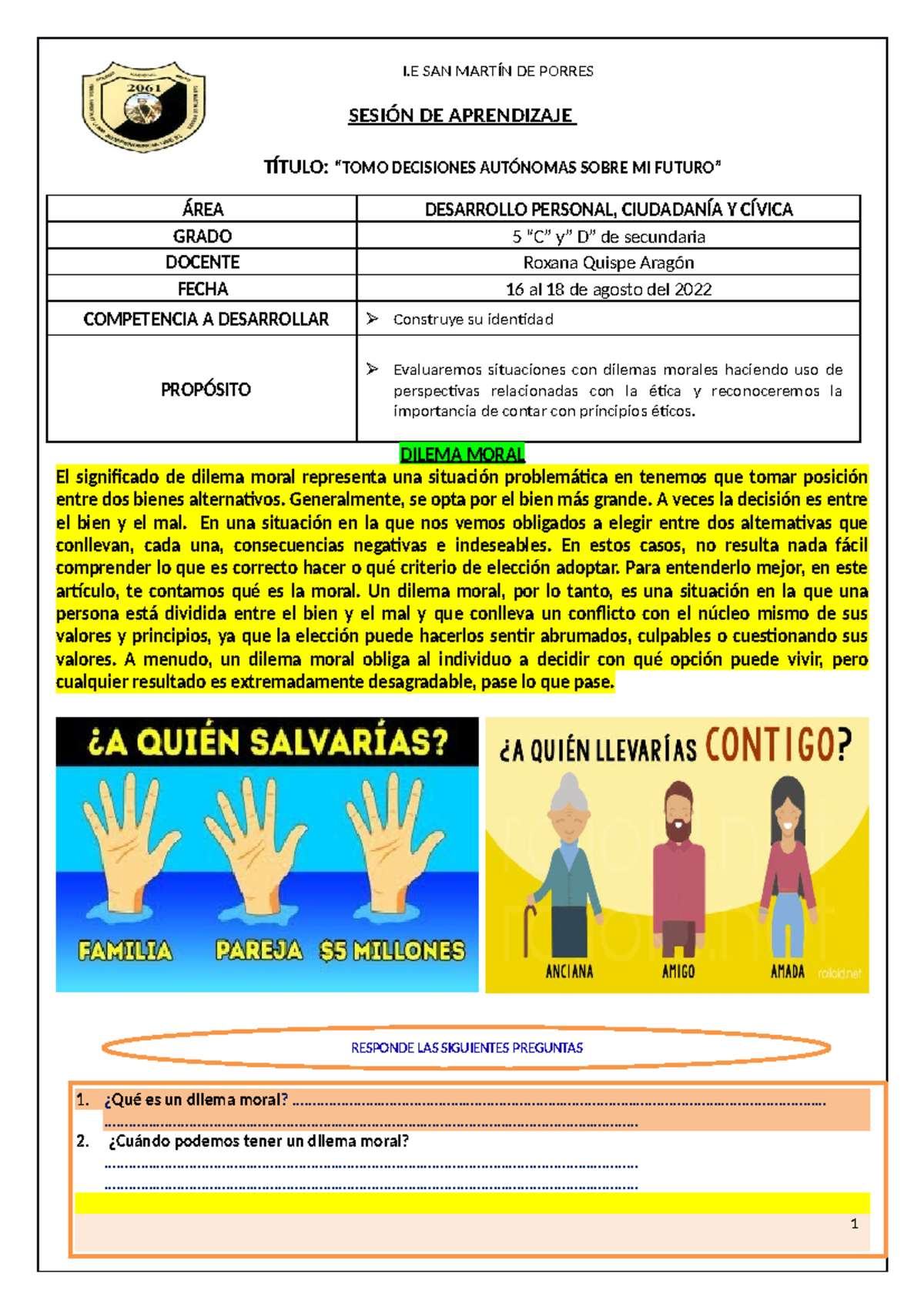 5to Sesion De Aprendizaje Sesion 16 Agosto Dilemas Morales 2 I San
