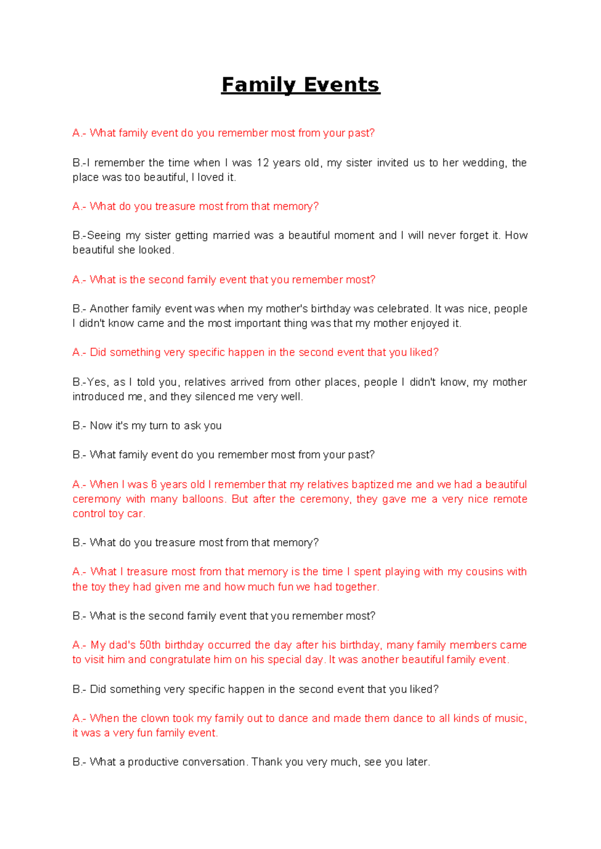 Week3 Family Events - INGLIS EVENTO - Family Events A.- What family event do you remember most ...