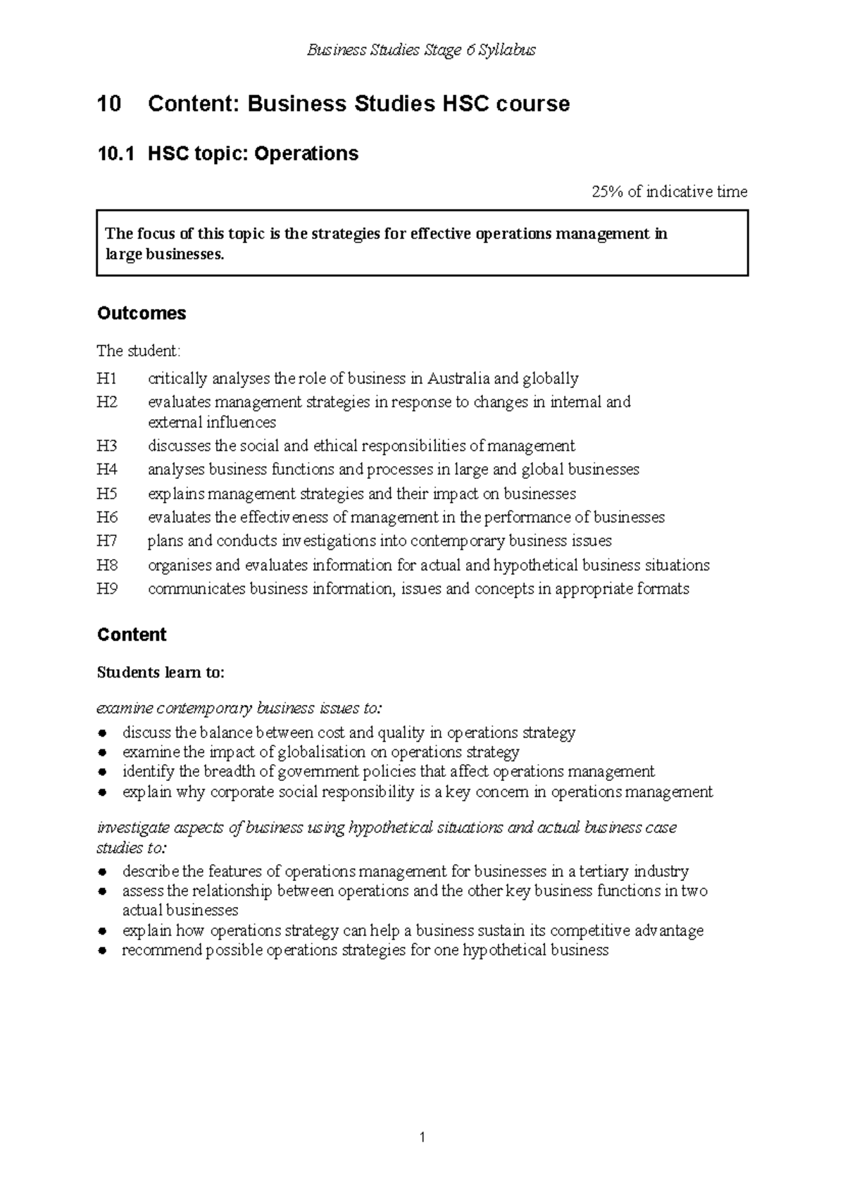 Business Studies Syllabus YEAR 12 - 10 Content: Business Studies HSC ...