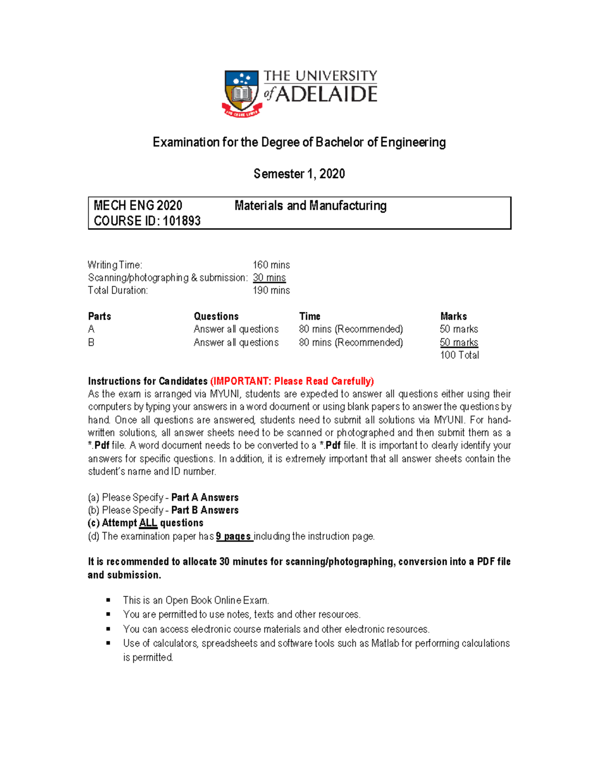 2020 Exam Materials & Manufacturing MECH ENG 2020 Main UG-2020 ...