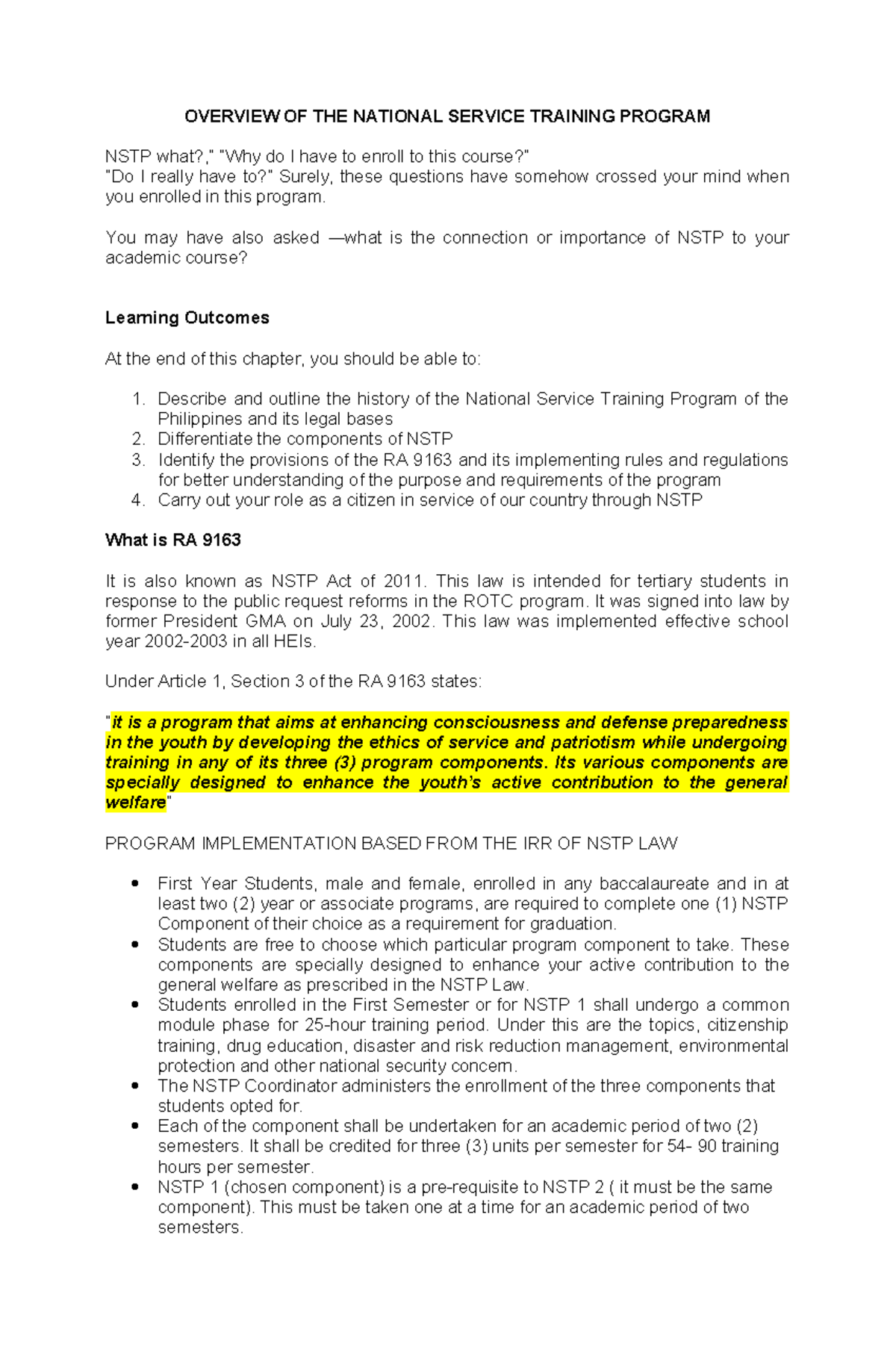 Overview-OF-NSTP - NSTP - OVERVIEW OF THE NATIONAL SERVICE TRAINING ...