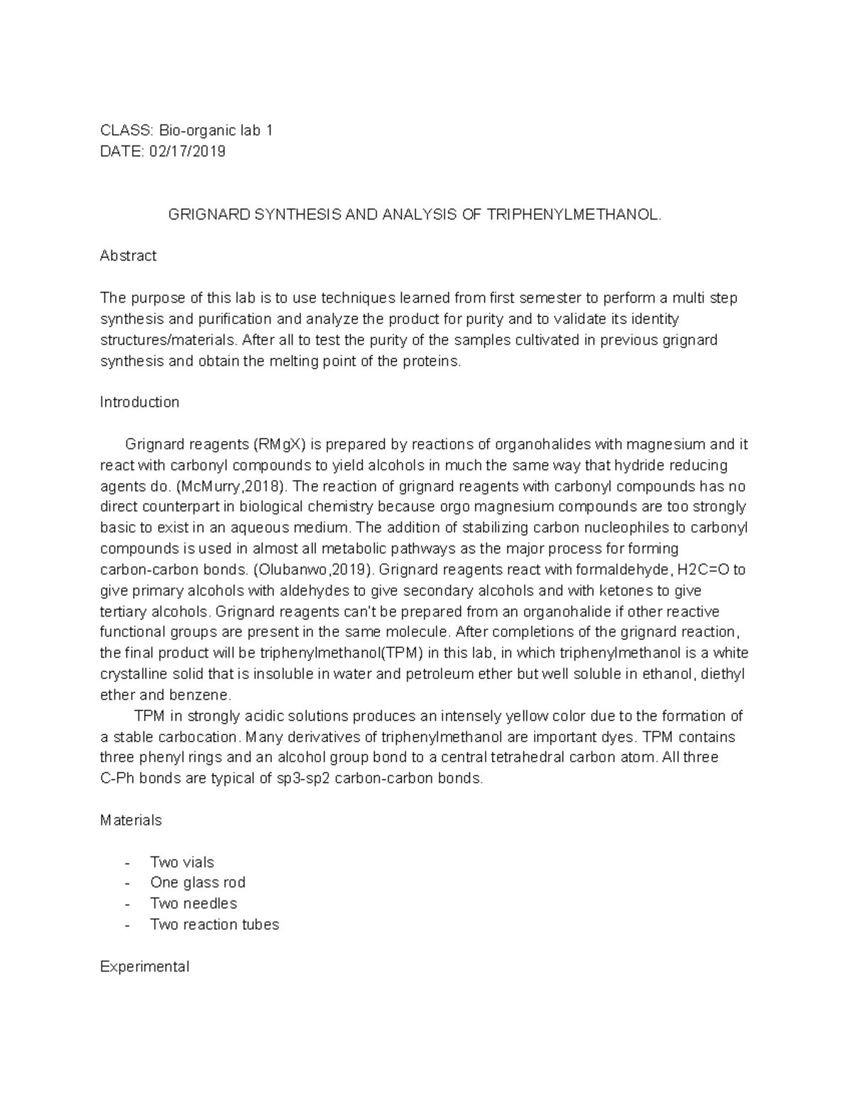 Orgo 2 lab 1 - LAB REPORT ORGANIC CHEMISTRY 1 - CLASS: Bio-organic lab ...