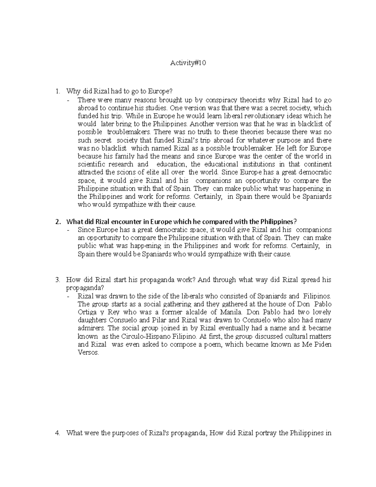 PH10 - Rizal-Chapter-10 - Activity# Why did Rizal had to go to Europe ...
