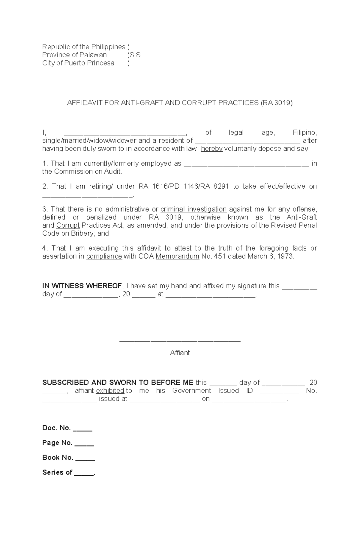 Affidavit FOR ANTI- Graft AND Corrupt Practices (RA 3019) - Republic of ...