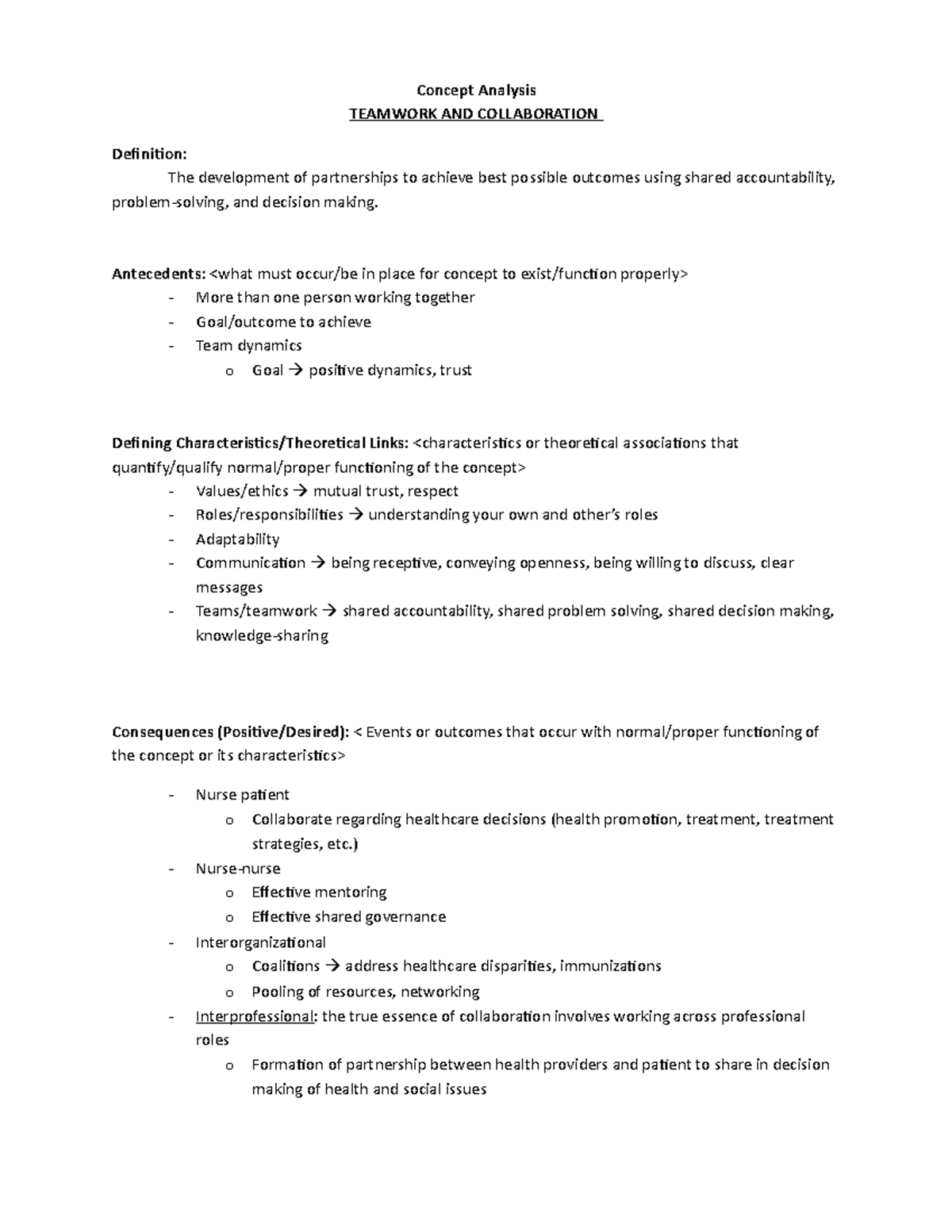 Teamwork Collaboration Concept Analysis - Concept Analysis TEAMWORK AND ...