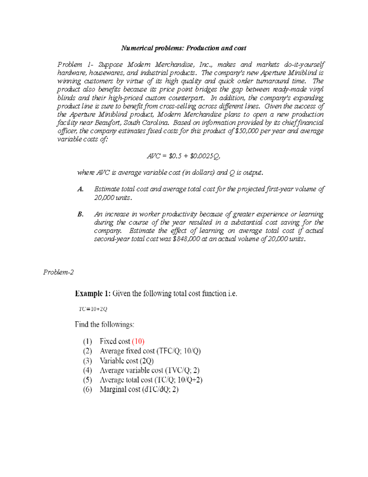 Production Cost - lab assignment - Numerical problems: Production and ...