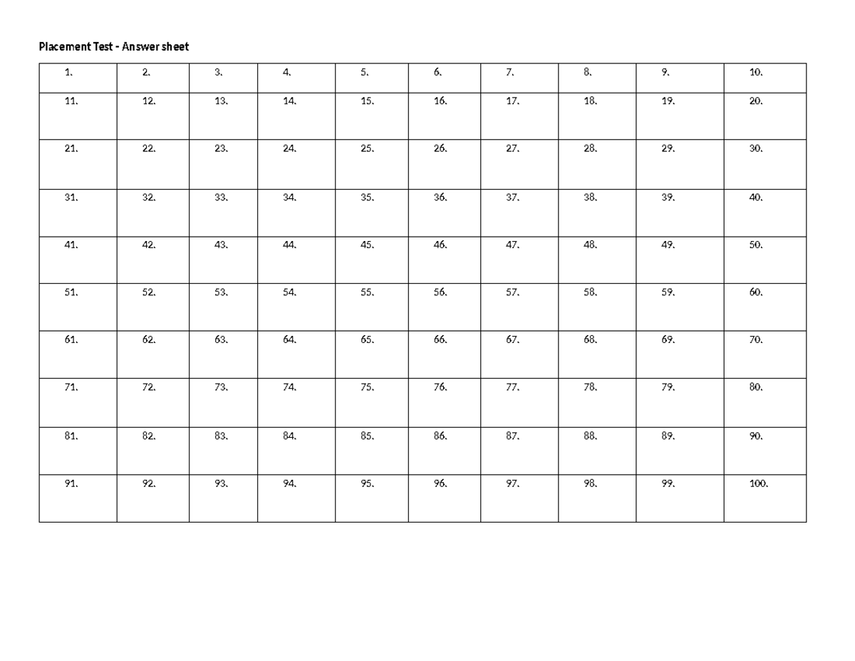 Placement Test-Answer sheet - Placement Test - Answer sheet 1. 2. 3. 4 ...