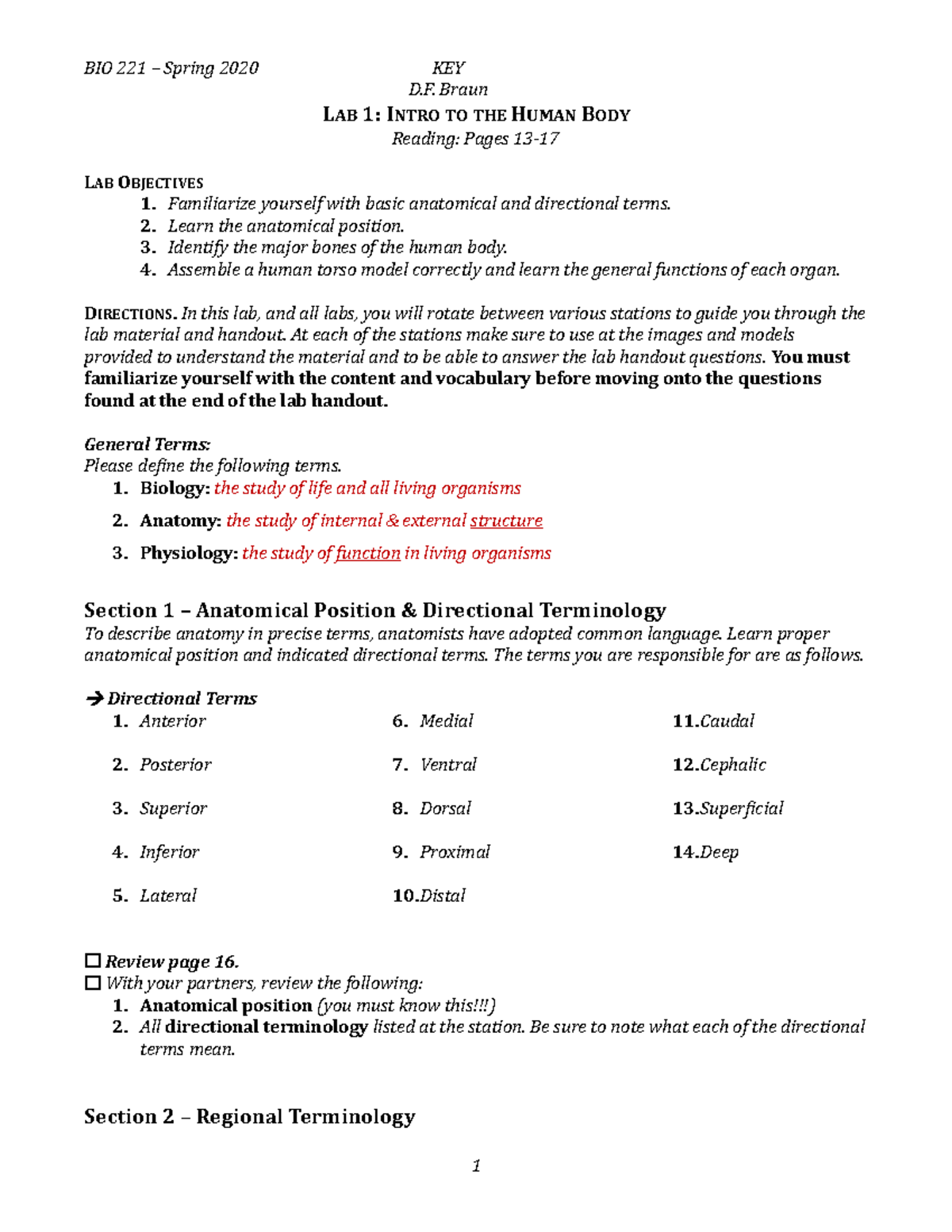 BIO 221 lab 1 - intro to the human body (Spring 2021)(KEY) - D. Braun LAB 1: INTRO TO THE HUMAN ...