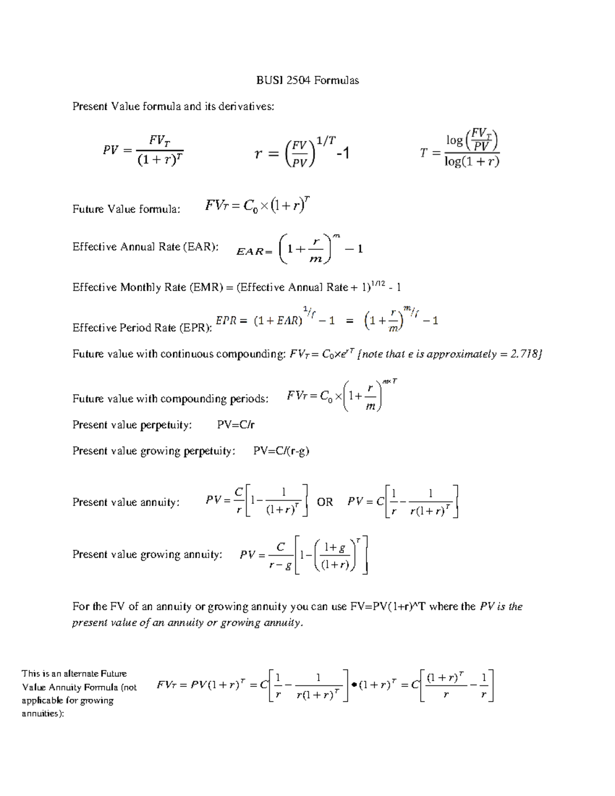 Equation Sheet 2504 - BUSI 2504 Formulas Present Value formula and its ...
