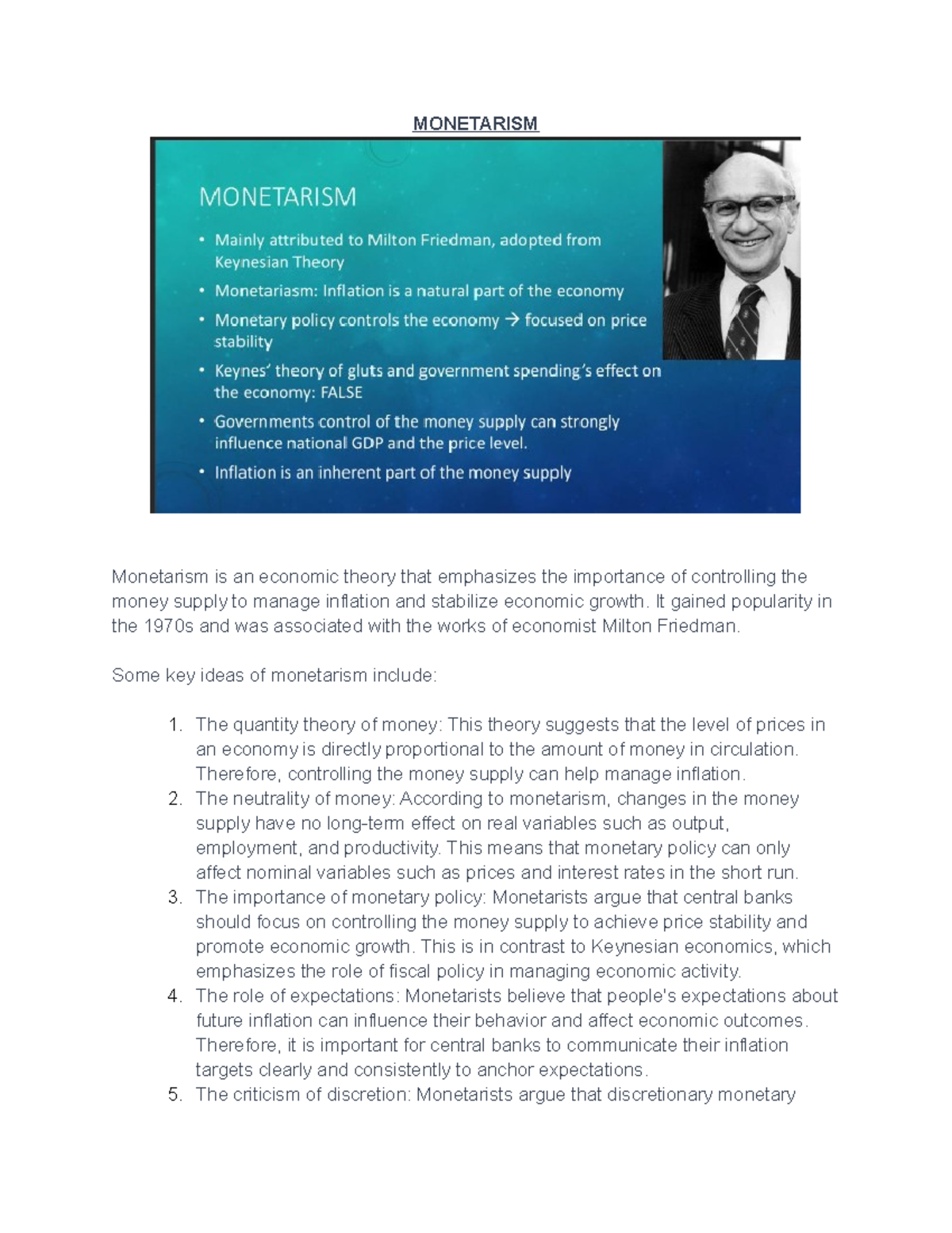 Monetarism - MONETARISM Monetarism is an economic theory that ...