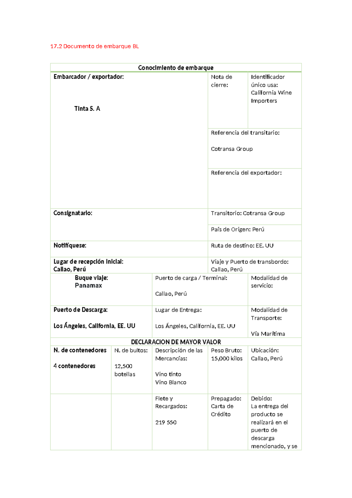 Documento de embarque bl - 17 Documento de embarque BL Conocimiento de ...