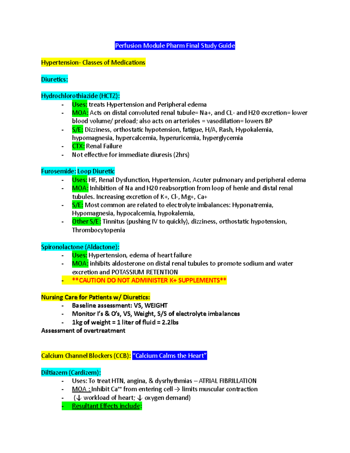 Perfusion Module Pharm Final Study Guide - Perfusion Module Pharm Final ...