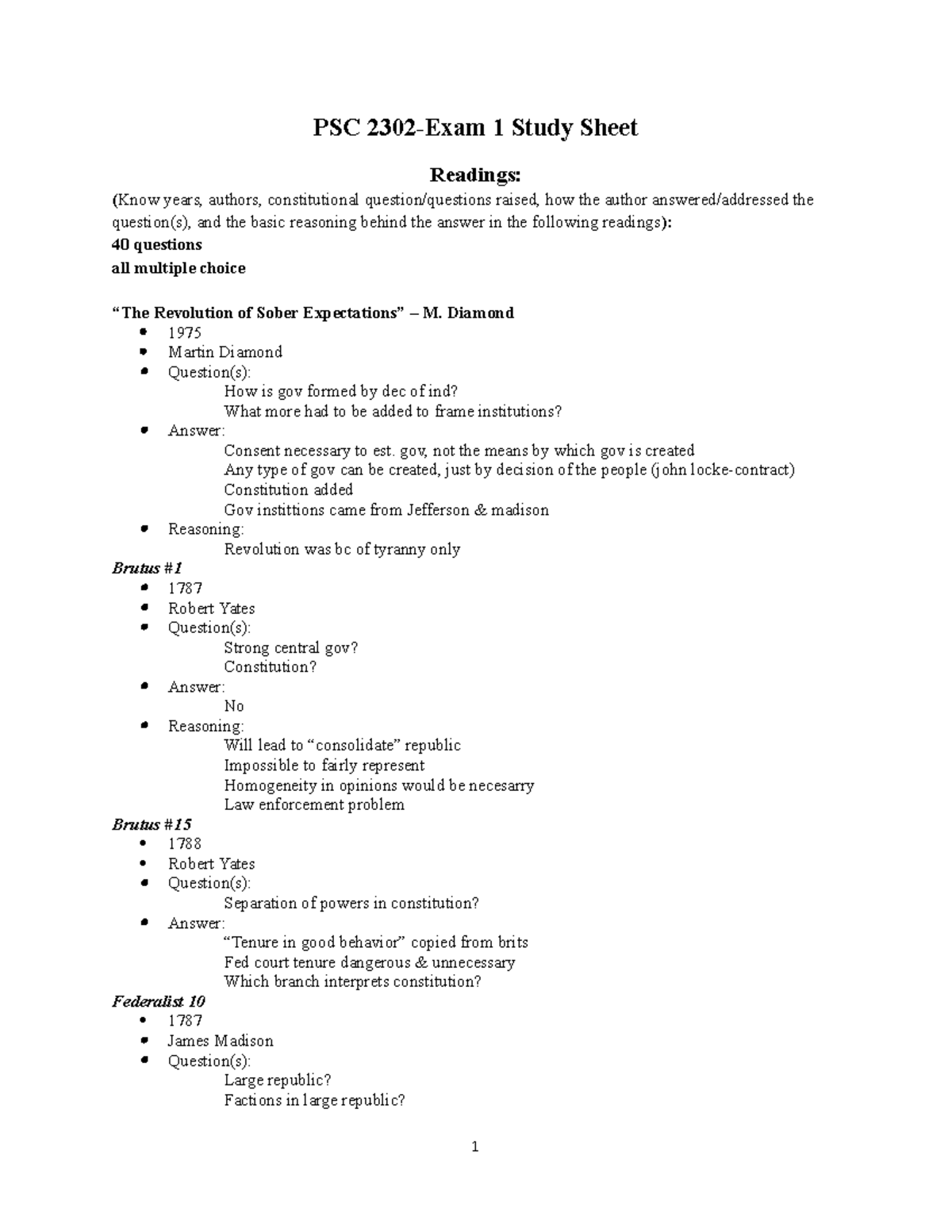 Lecture Notes - Test #1 Review - PSC 1 Study Sheet Readings: (Know ...