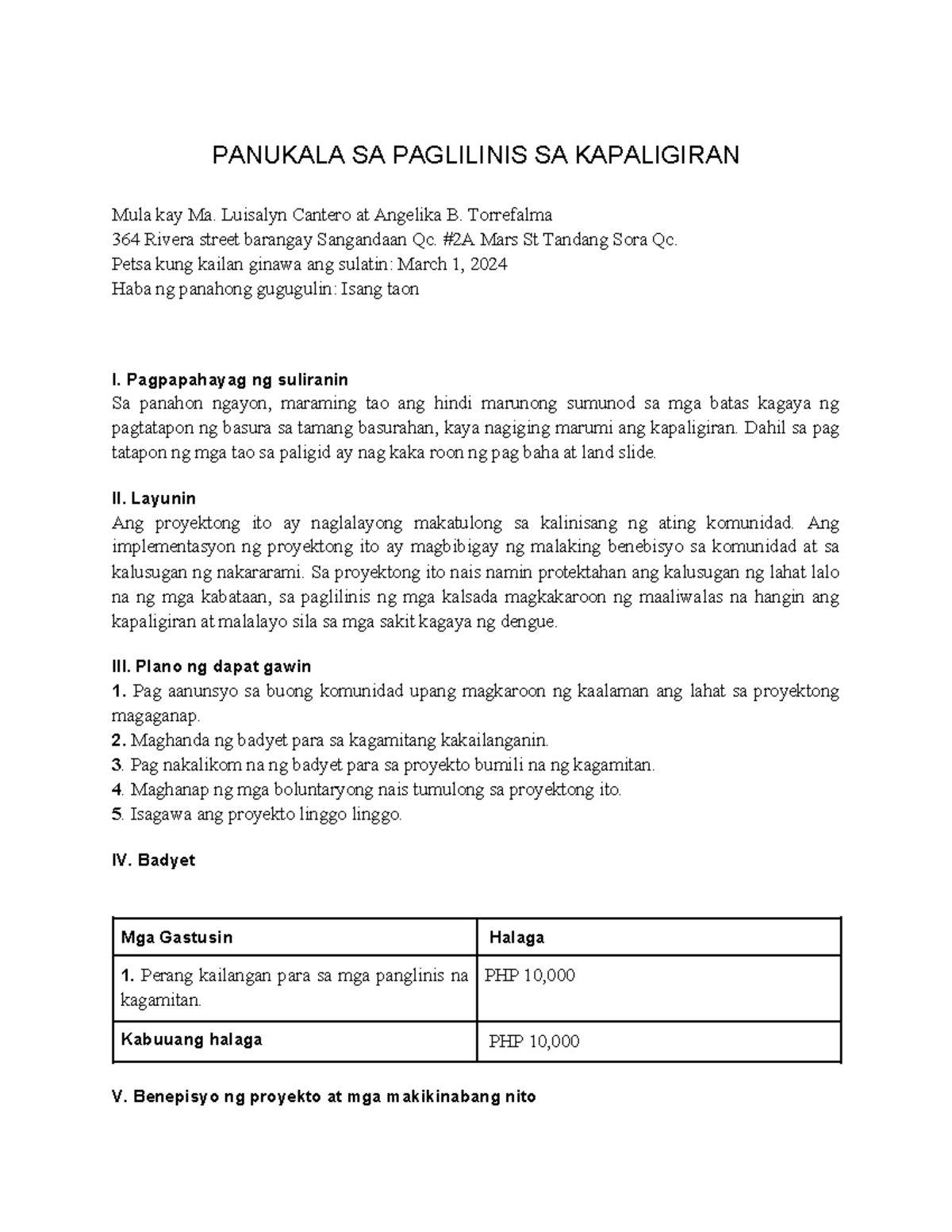 Panukala - rtht - PANUKALA SA PAGLILINIS SA KAPALIGIRAN Mula kay Ma ...