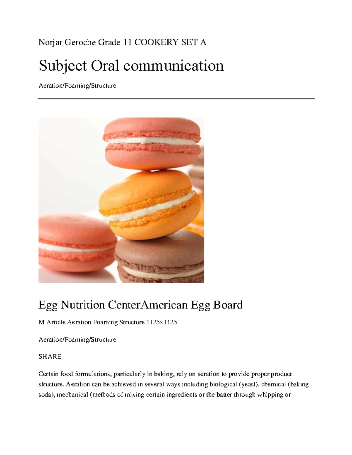 Aeration - 2005 - Norjar Geroche Grade 11 COOKERY SET A Subject Oral ...