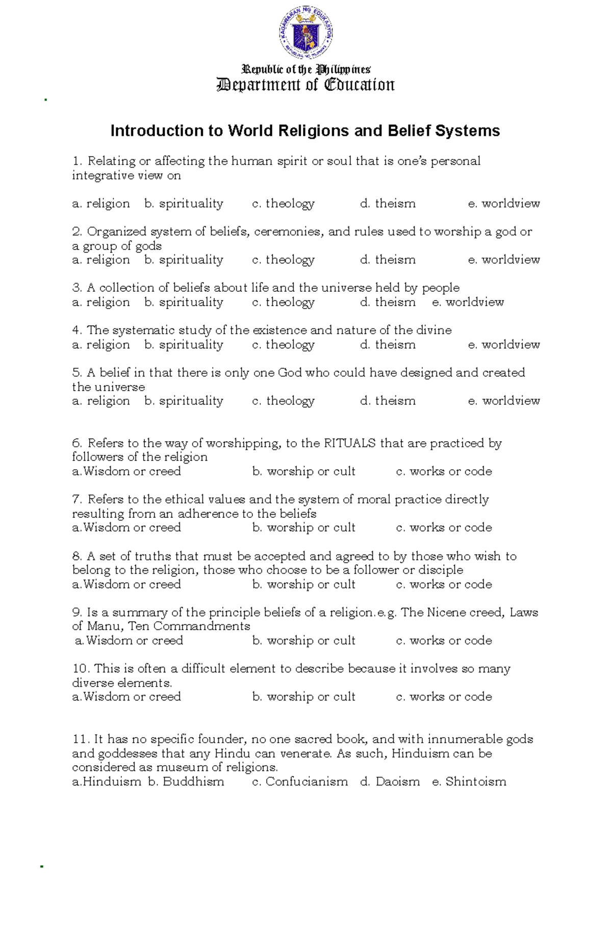 Copy of Intro TO THE World Religion TEST Q3 - Department of Education ...