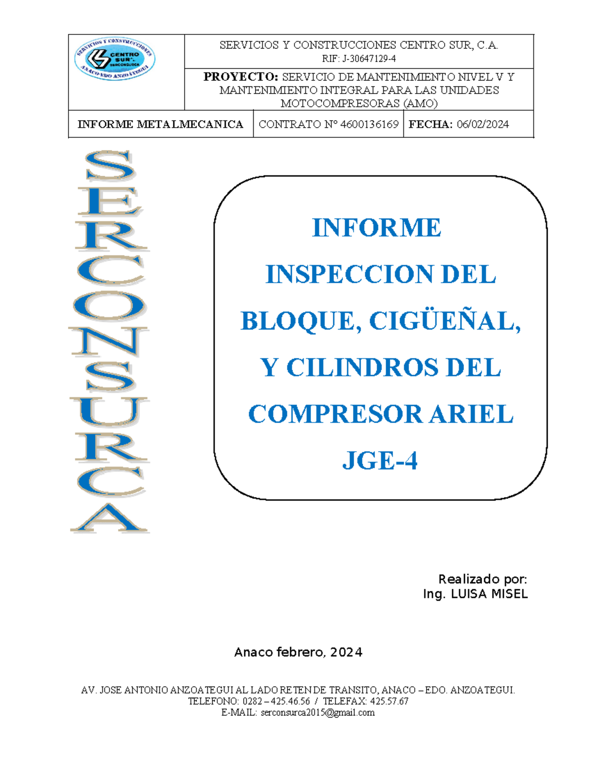 Informe Metalmecanica Compresor - RIF: J-30647129- PROYECTO: SERVICIO ...