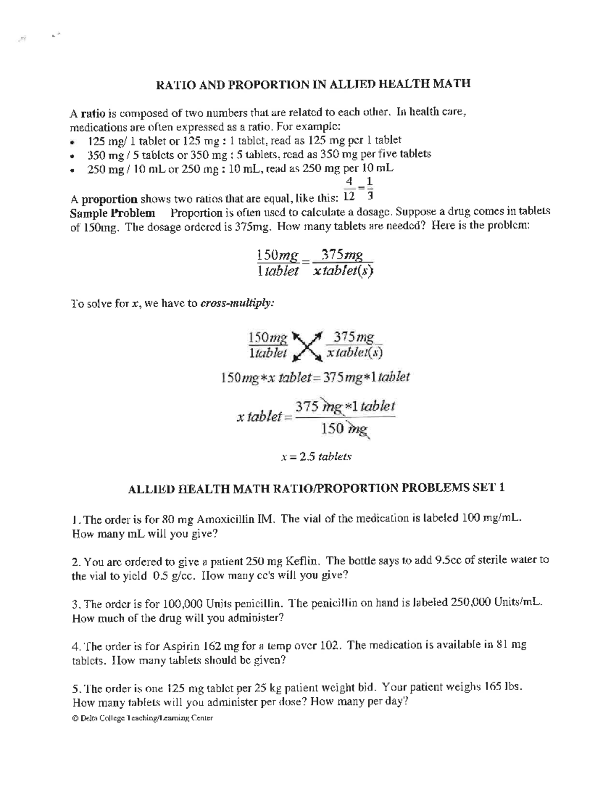 Dosage Calc 2 - RATIO AND PROPORTION IN ALLIED HEALTH MATH A ratio is ...