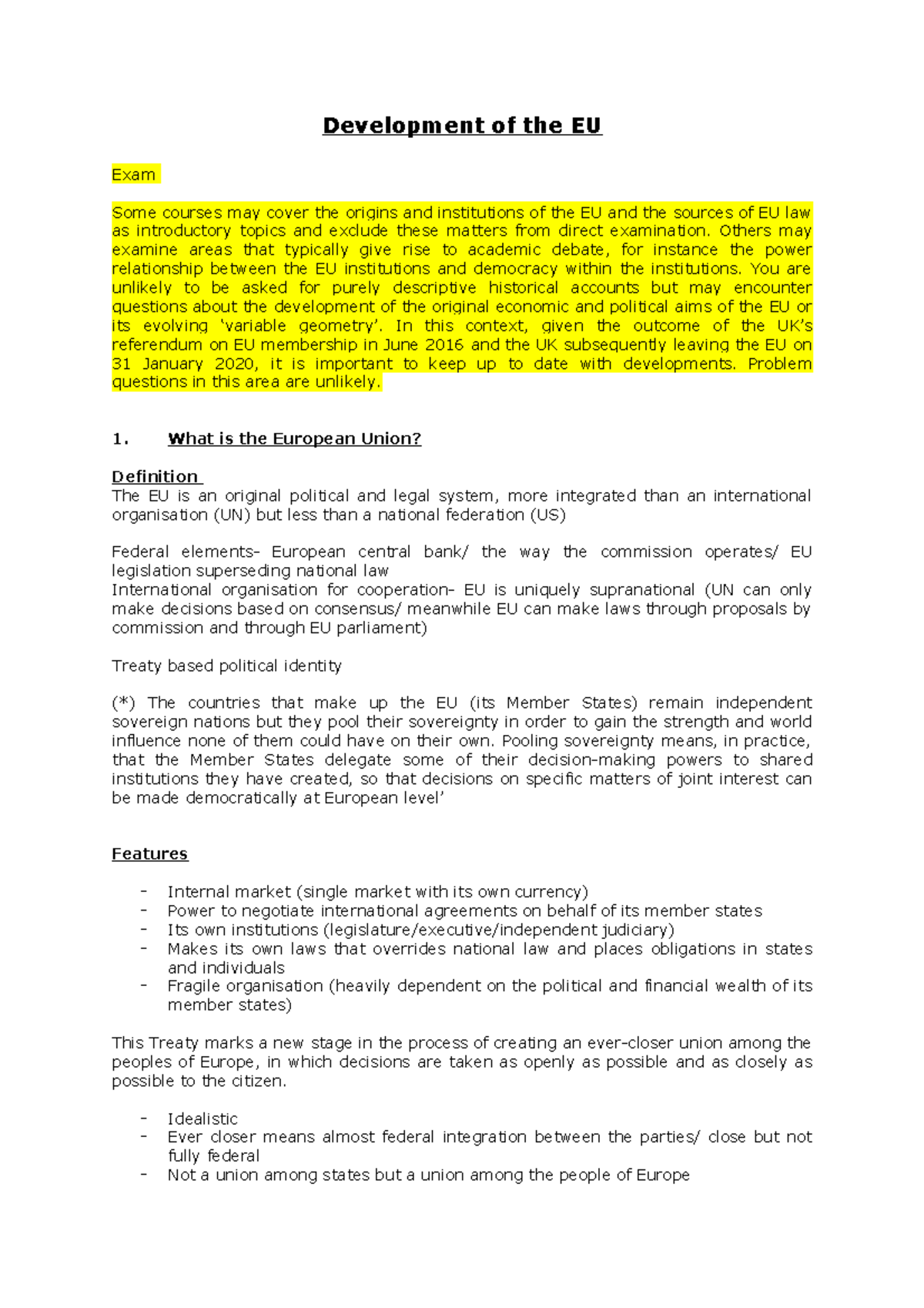 L1 EU Deveopment and Overview Notes for Exam - Development of the EU ...