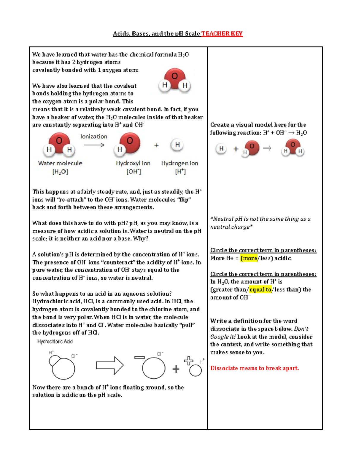 (KEY) p H Notes - Acids, Bases, and the pH Scale TEACHER KEY We have ...