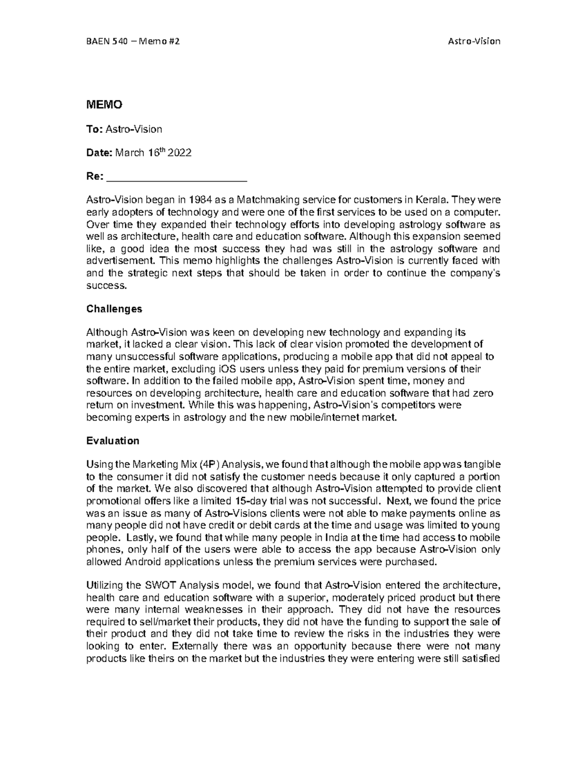 BAEN 540 MEMO 02 - MEMO ASSIGNMENT - BAEN 540 3 Memo #2 Astro-Vision ...