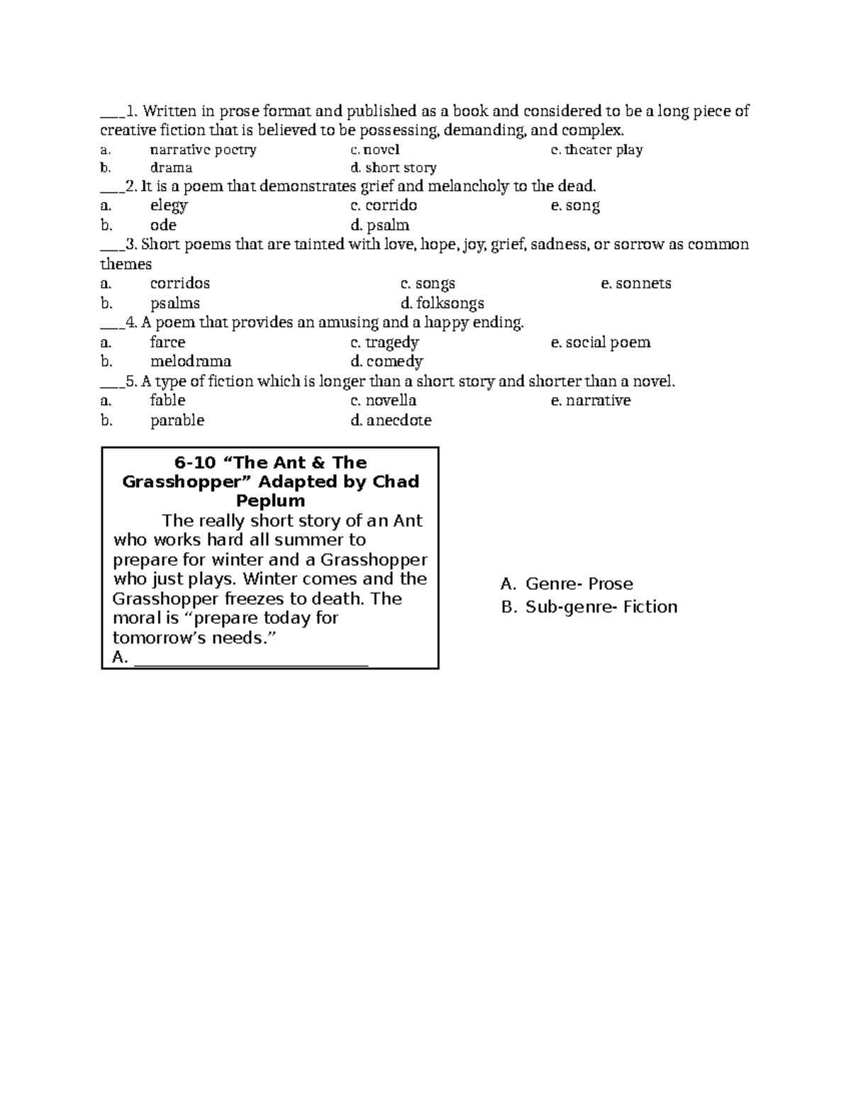 Creative Writing Week 1 Activity - ____1. Written in prose format and ...