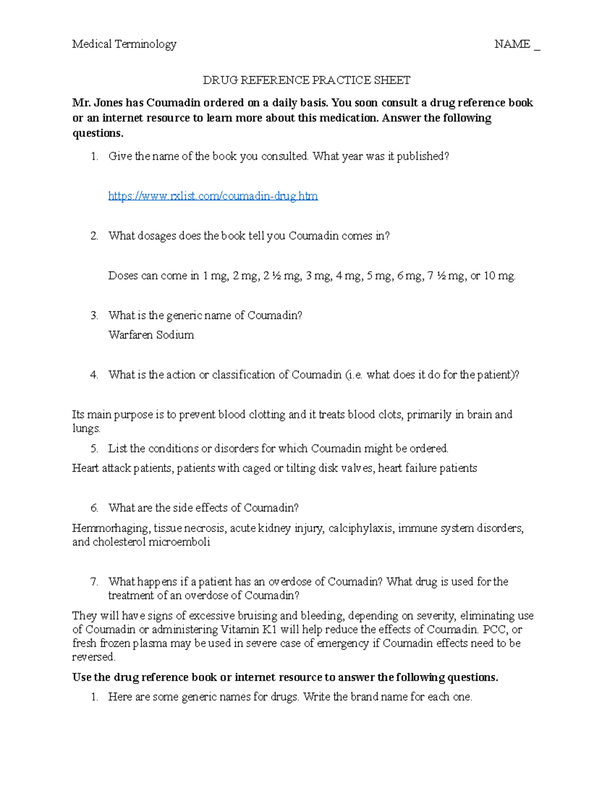 Drug Reference Assignment - Medical Terminology NAME _ DRUG REFERENCE ...