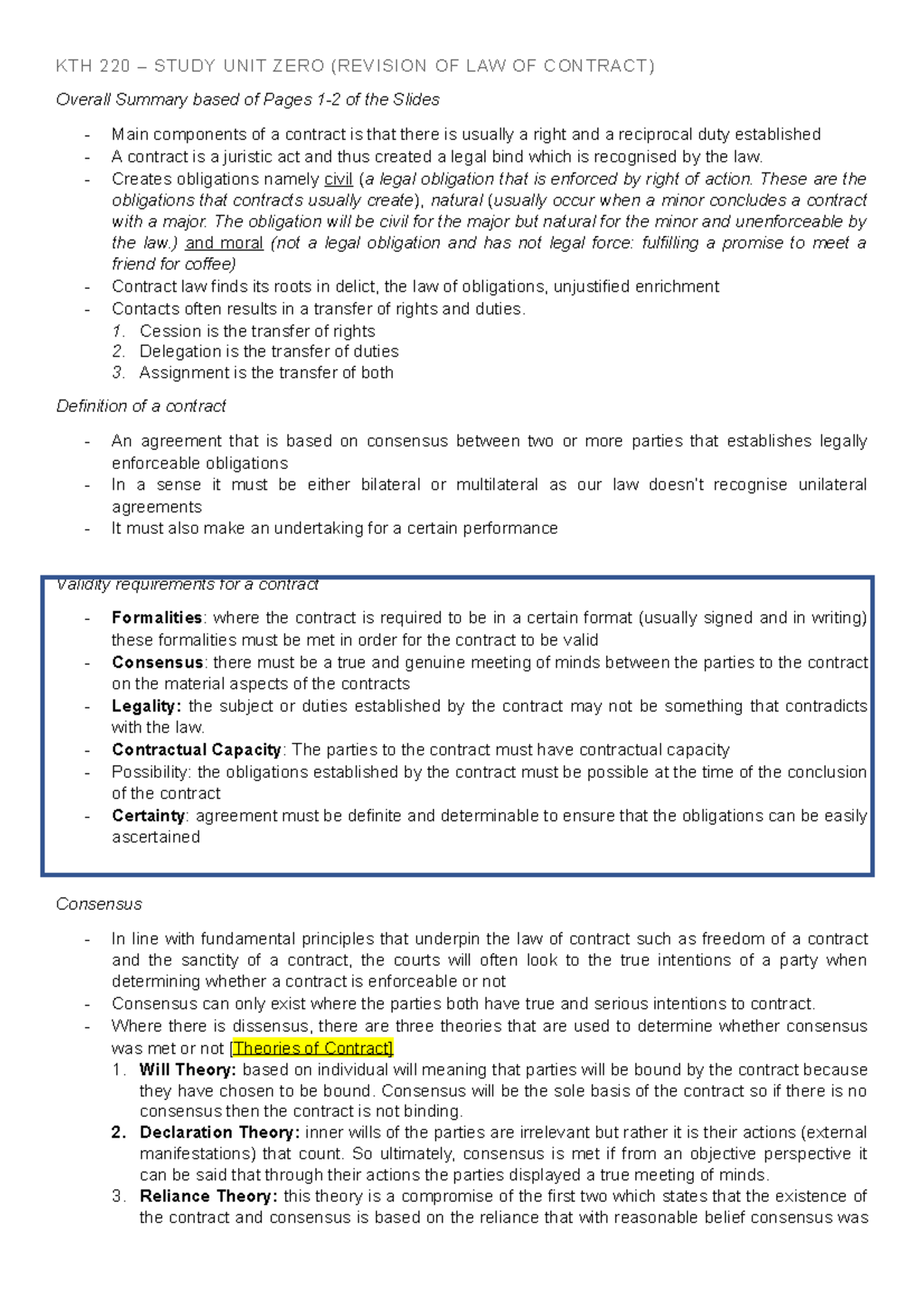 KTH 220 - Study UNIT ZERO - KTH 220 – STUDY UNIT ZERO (REVISION OF LAW ...