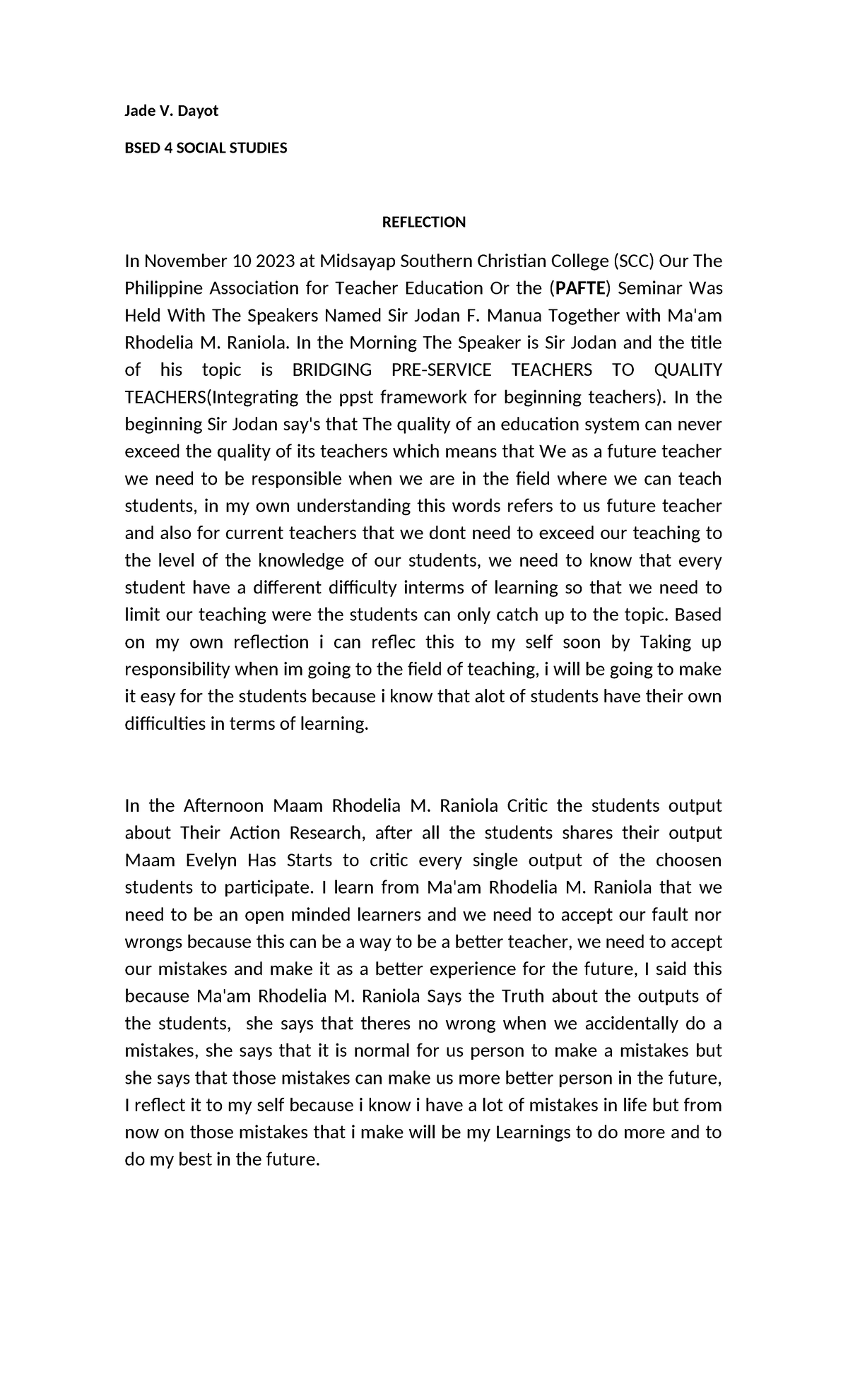 Reflection WPS Office - Teacher - Jade V. Dayot BSED 4 SOCIAL STUDIES ...