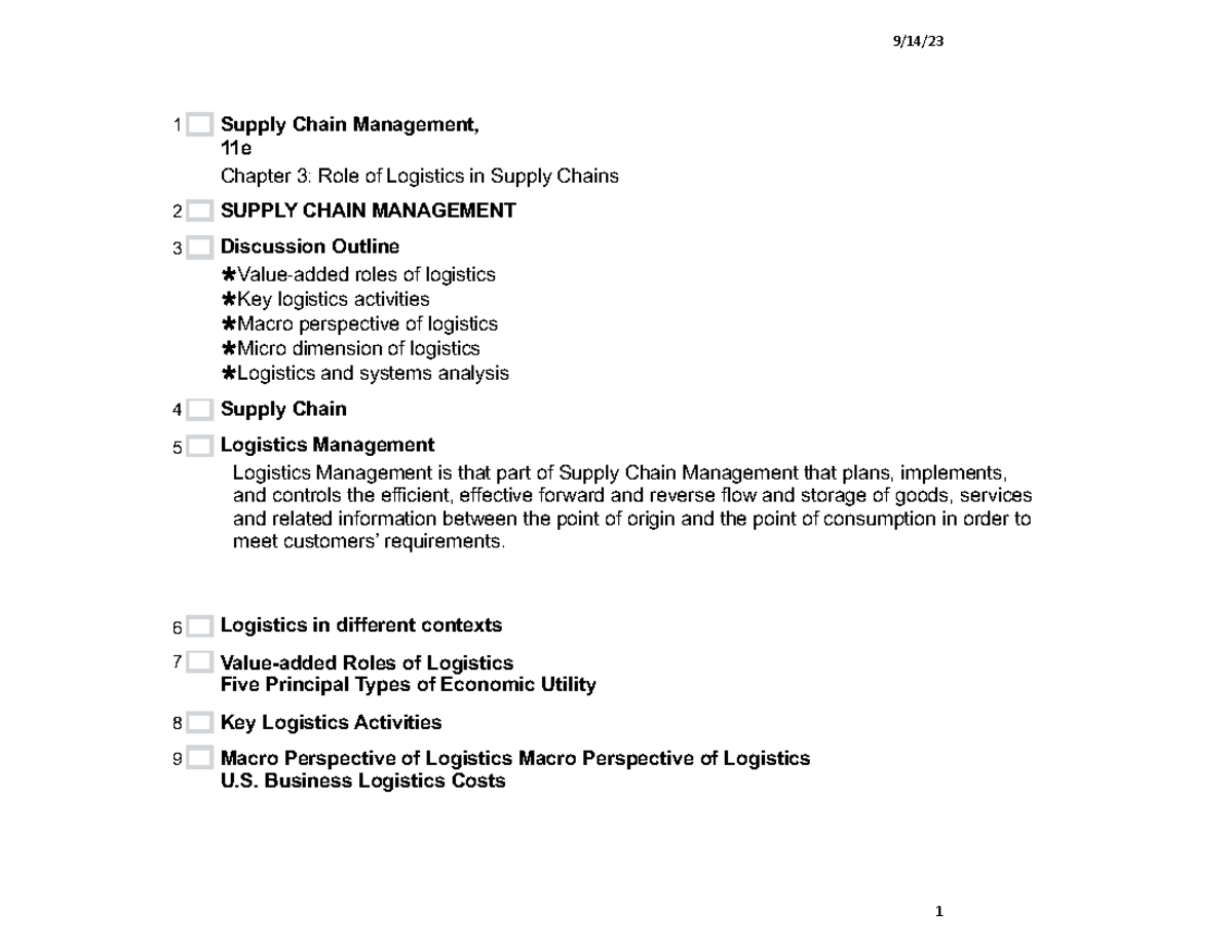 Chapter 3 Role of Logistics in Supply Chains - 9/14/ 1 Supply Chain ...